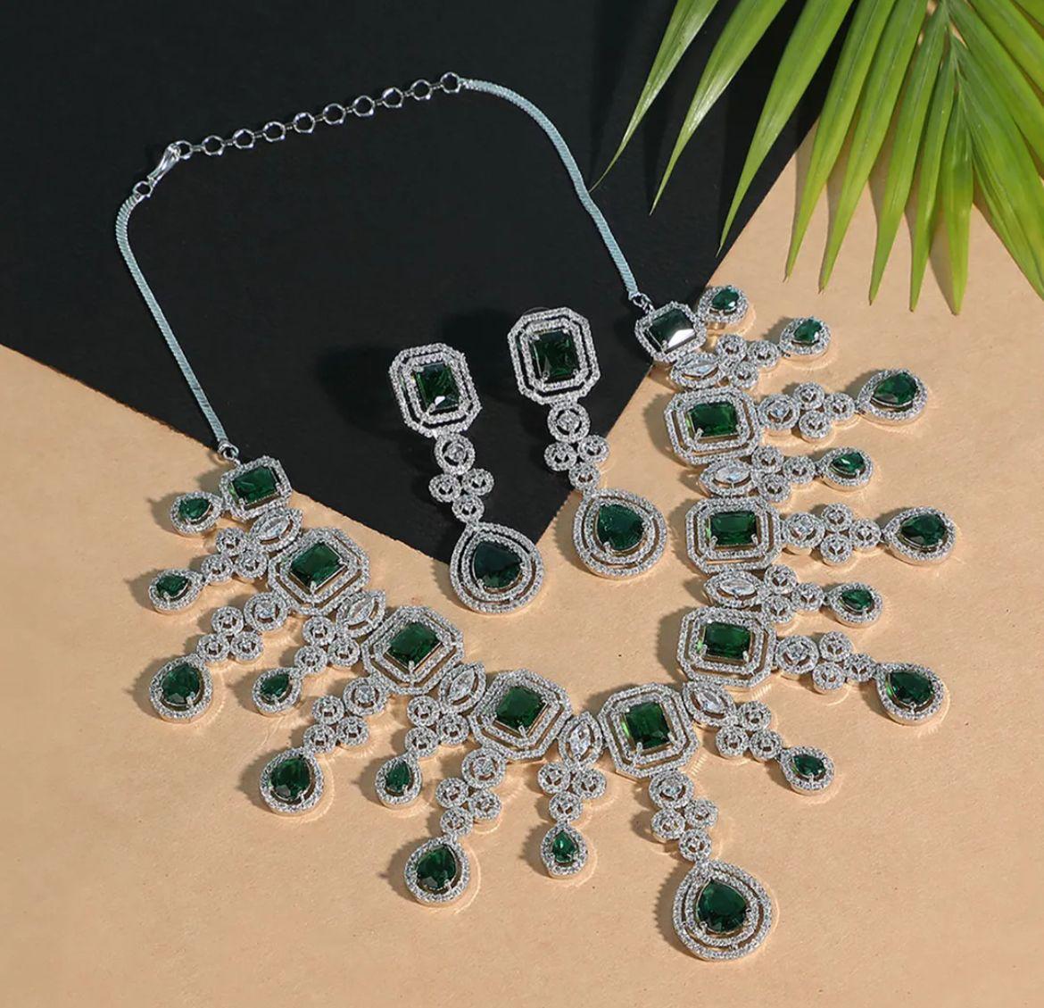 Green American diamond Statement jewellery set